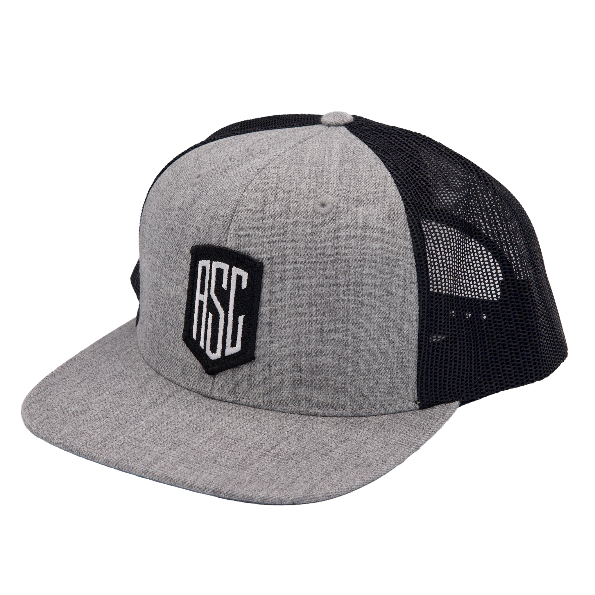 ASC Leather Patch Mesh Trucker Cap solid heather Grey & Black flat Bill ...